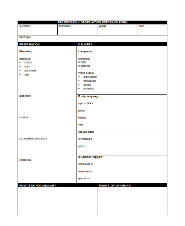 FREE 22+ Presentation Feedback Forms in PDF | Excel | MS Word
