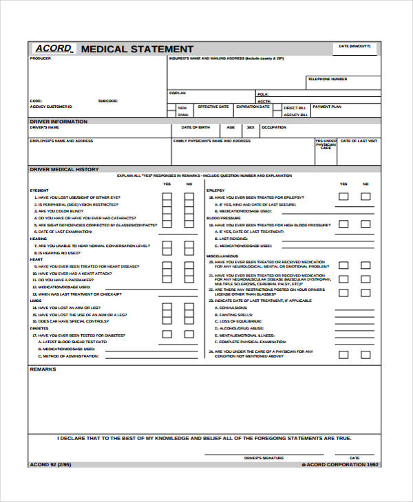 FREE 12+ Sample Medical Statement Forms in PDF | MS Word