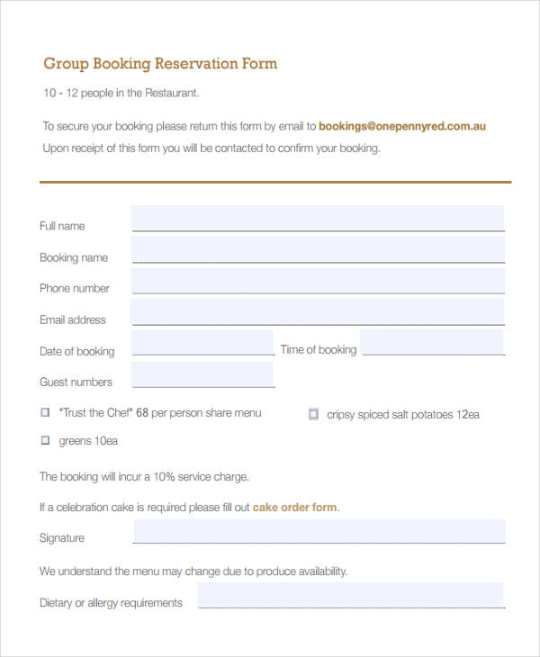 FREE 15+ Restaurant Reservation Form Samples, PDF, MS Word, Google Docs