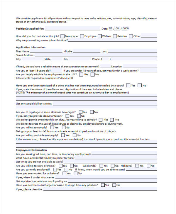 FREE 10+ Sample Standard Job Application Forms in PDF | MS Word | Excel