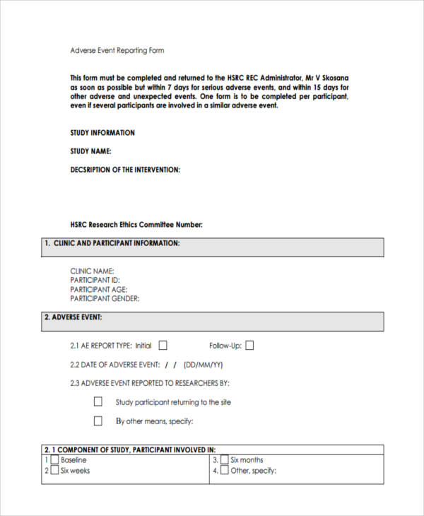 FREE 11+ Adverse Event Forms in PDF | MS Word | Excel