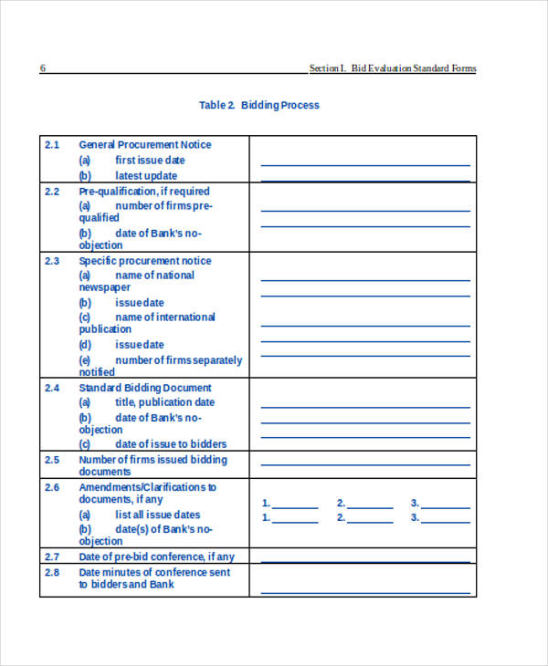FREE 7 Bid Evaluation Forms In MS Word PDF
