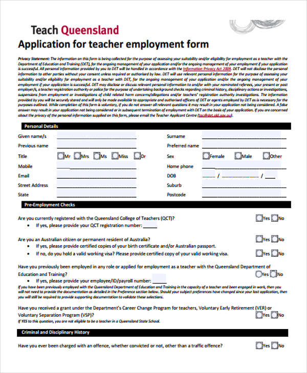 FREE 8+ Teacher Employment Forms in PDF
