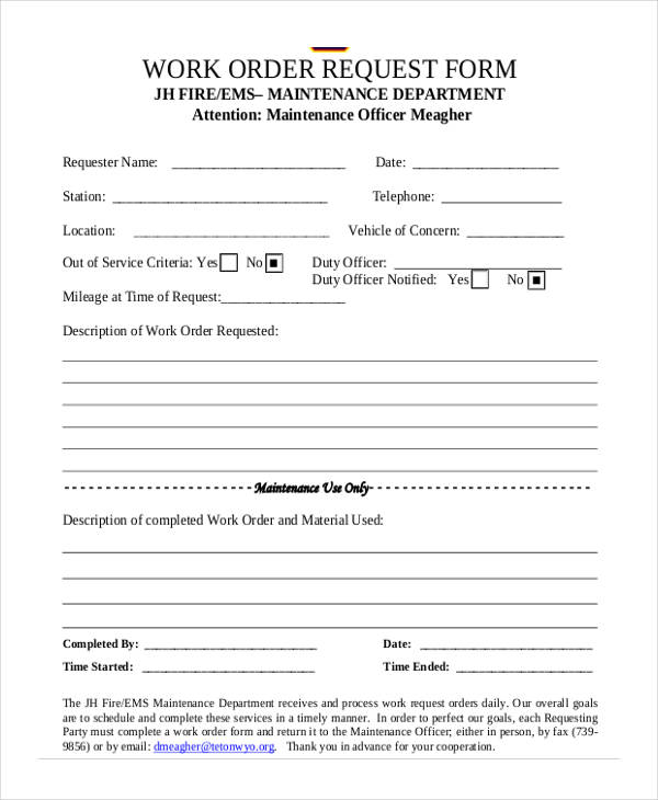 Free Printable Maintenance Work Order Template Sample Templates 