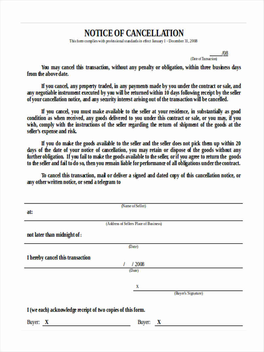 FREE 8 Sample Notice Of Cancellation Forms In MS Word PDF