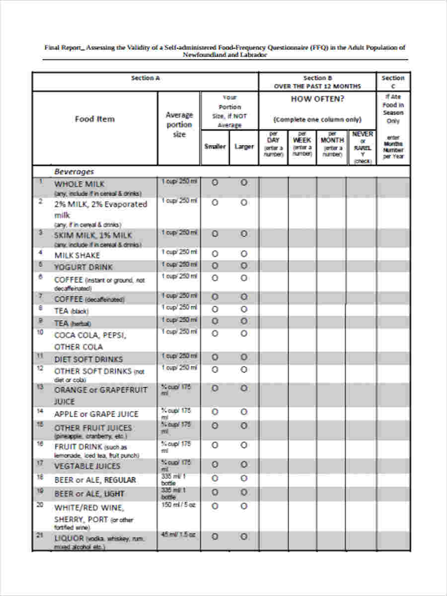 Food ionnaire Template