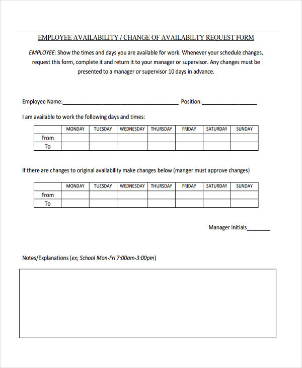 FREE 19+ Employee Availability Form Samples, PDF, MS Word, Google Docs