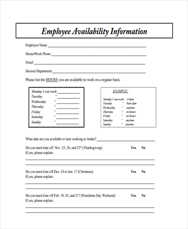 FREE 19+ Employee Availability Form Samples, PDF, MS Word, Google Docs