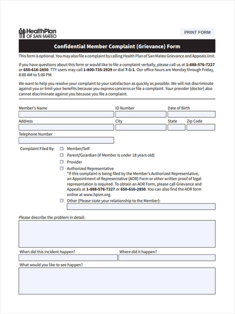 FREE 6+ Sample Member Complaint Forms in MS Word | PDF