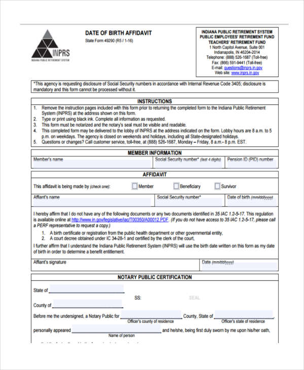 Affidavit Of Birth Form