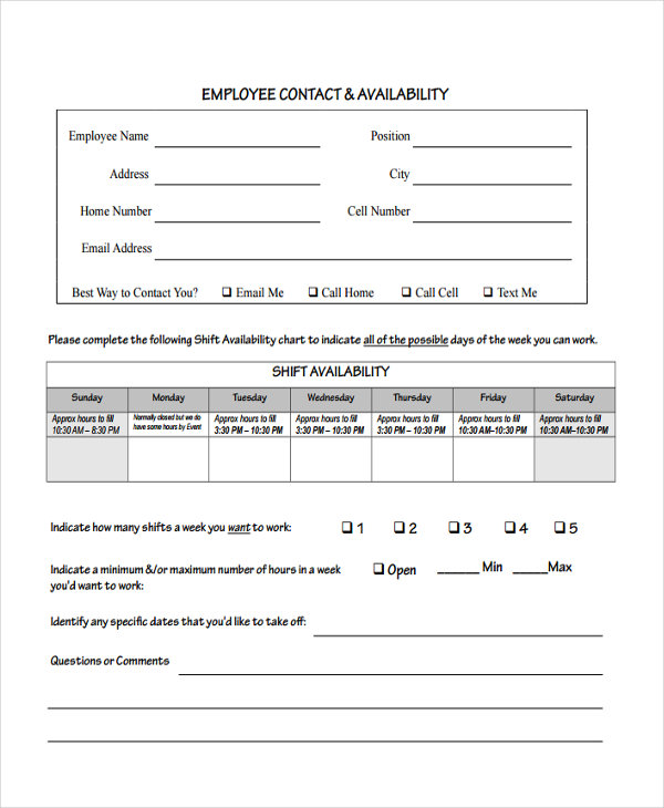 FREE 19+ Employee Availability Form Samples, PDF, MS Word, Google Docs