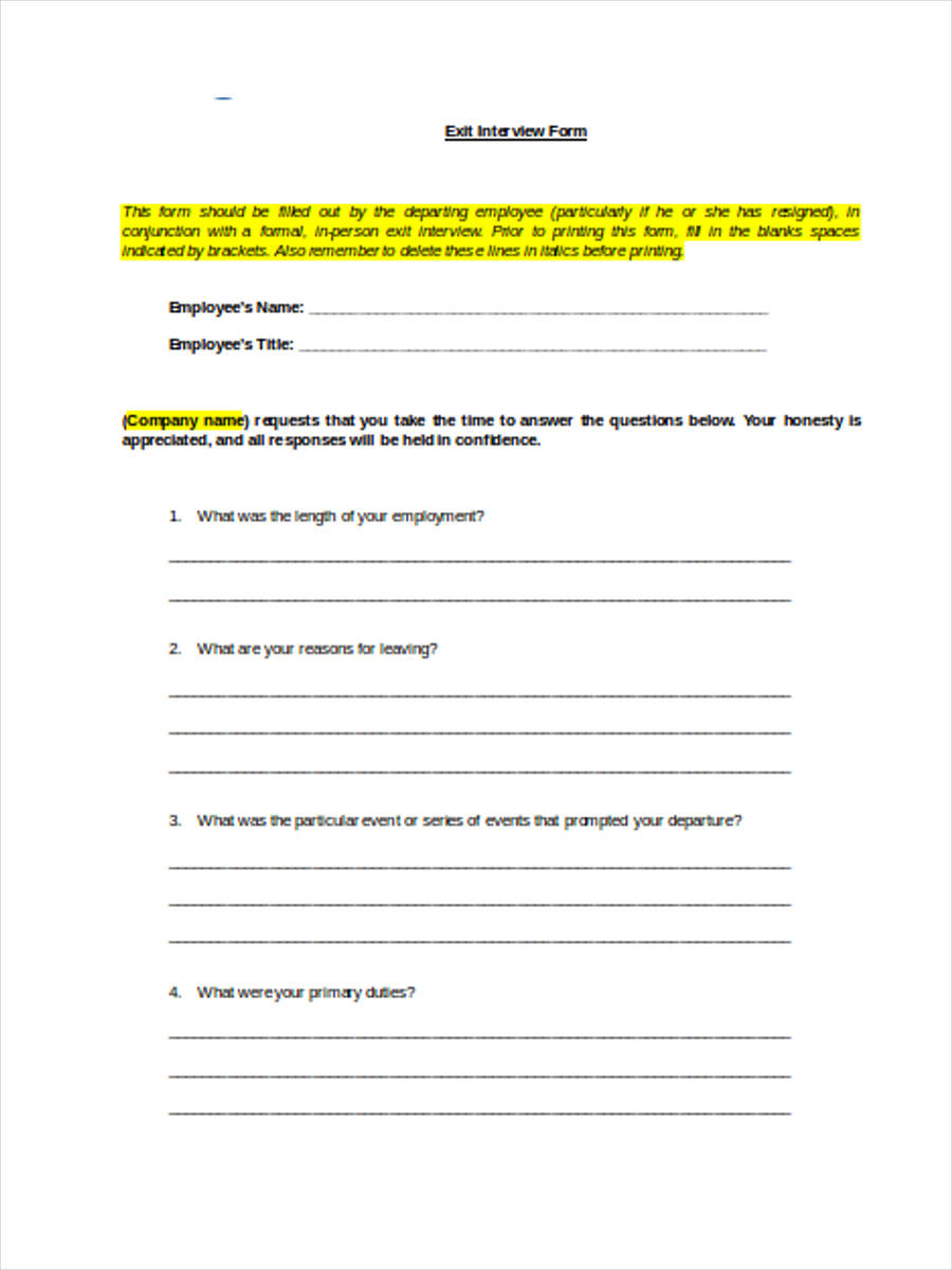FREE 8+ Sample Exit Interview Questionnaire Forms in MS Word | PDF