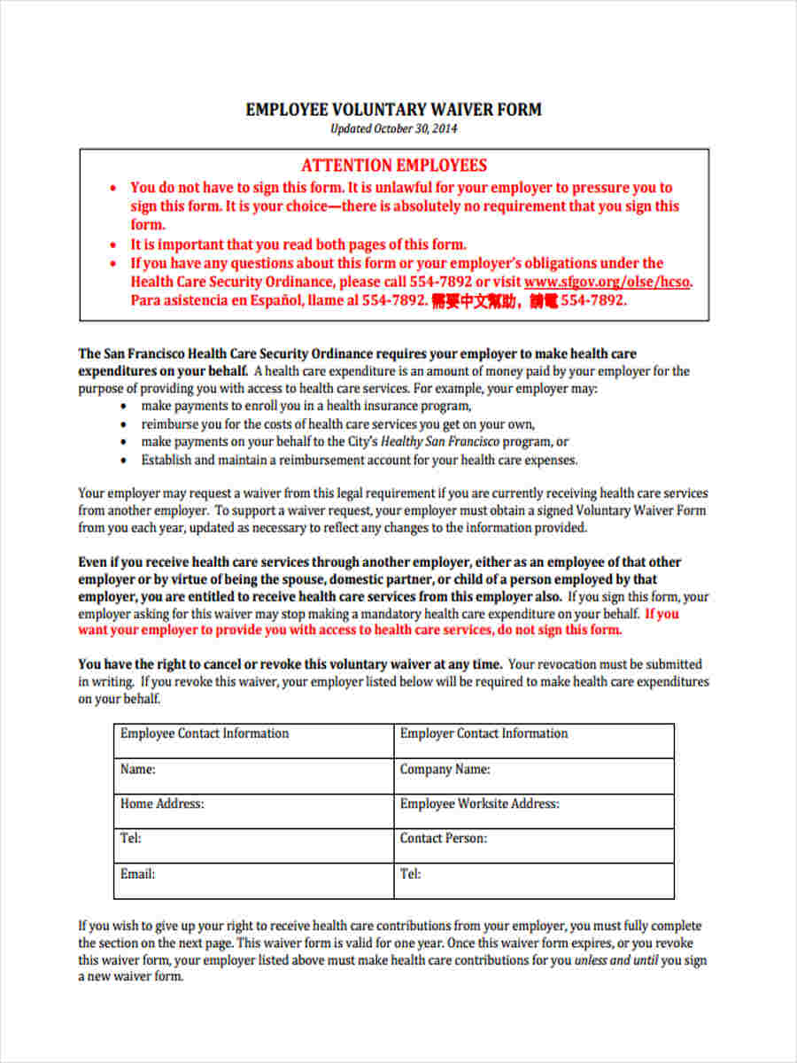 FREE 8+ Employee Waiver Form Samples, PDF, MS Word, Google Docs