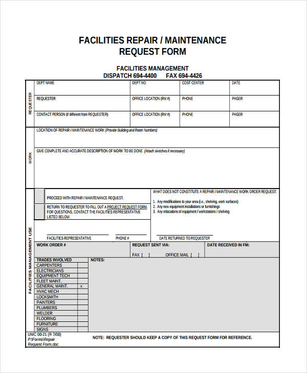 FREE 14+ Maintenance Request Form Samples, PDF, MS Word, Google Docs