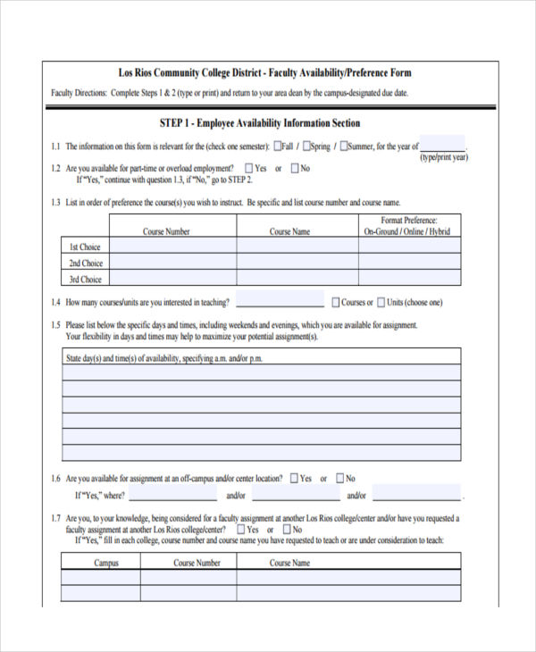 FREE 19+ Employee Availability Form Samples, PDF, MS Word, Google Docs