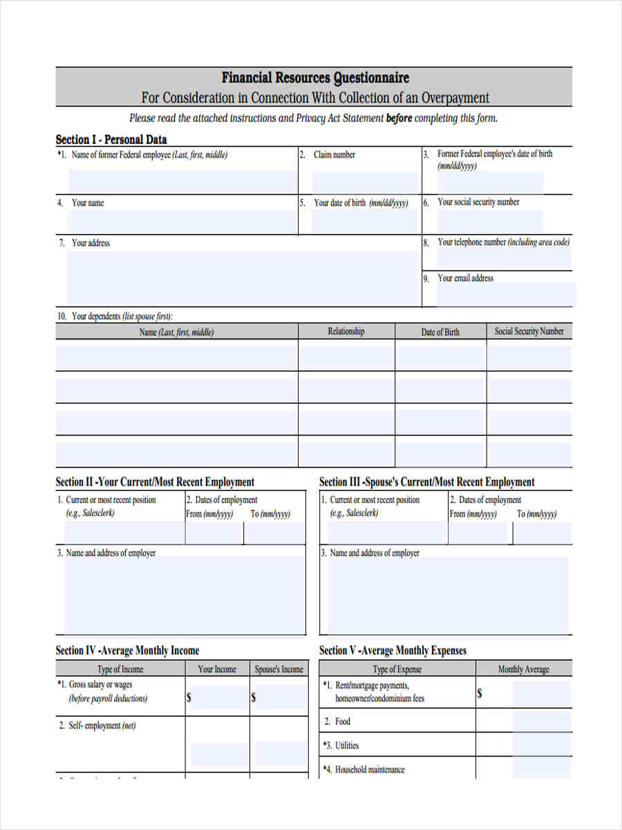FREE 13+ Financial Questionnaire Form Samples, PDF, MS Word, Google Docs