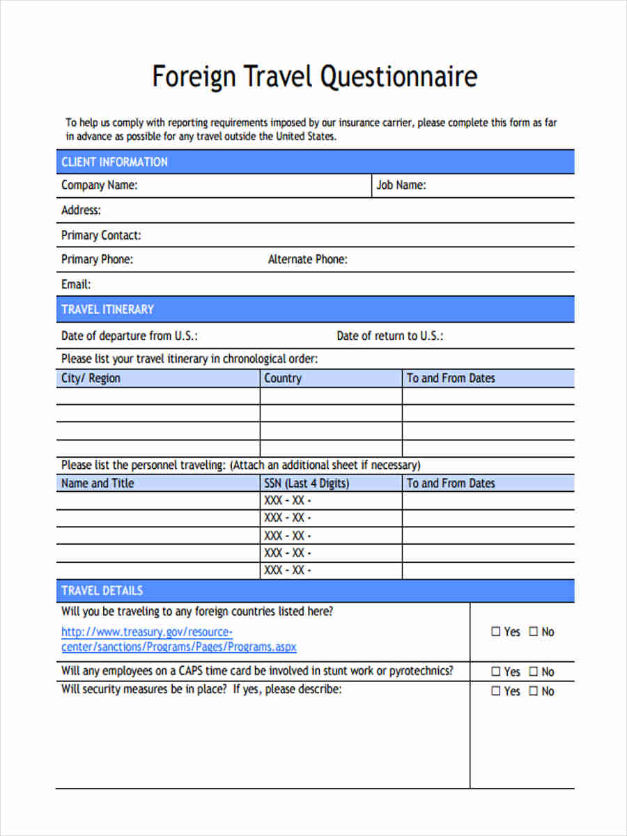 FREE 11+ Travel Questionnaire Forms in PDF | Excel | Ms Word