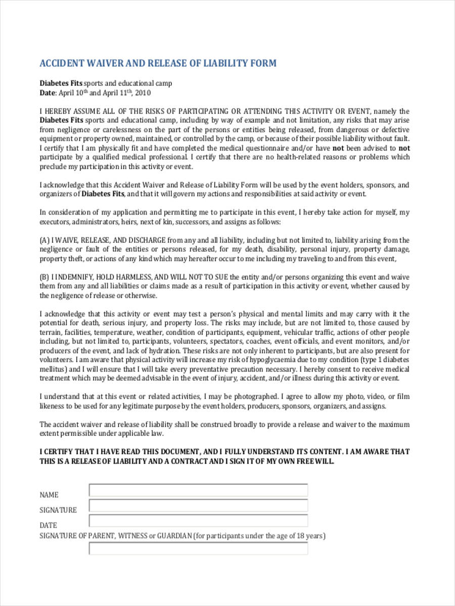 FREE 7+ Accident Waiver Forms in MS Word | PDF