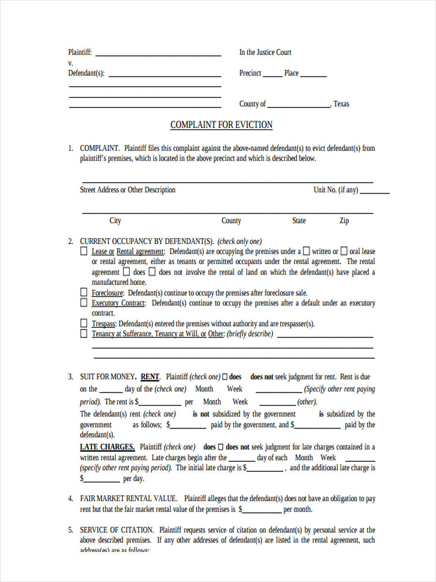 FREE 5+ Sample Eviction Complaint Forms in PDF