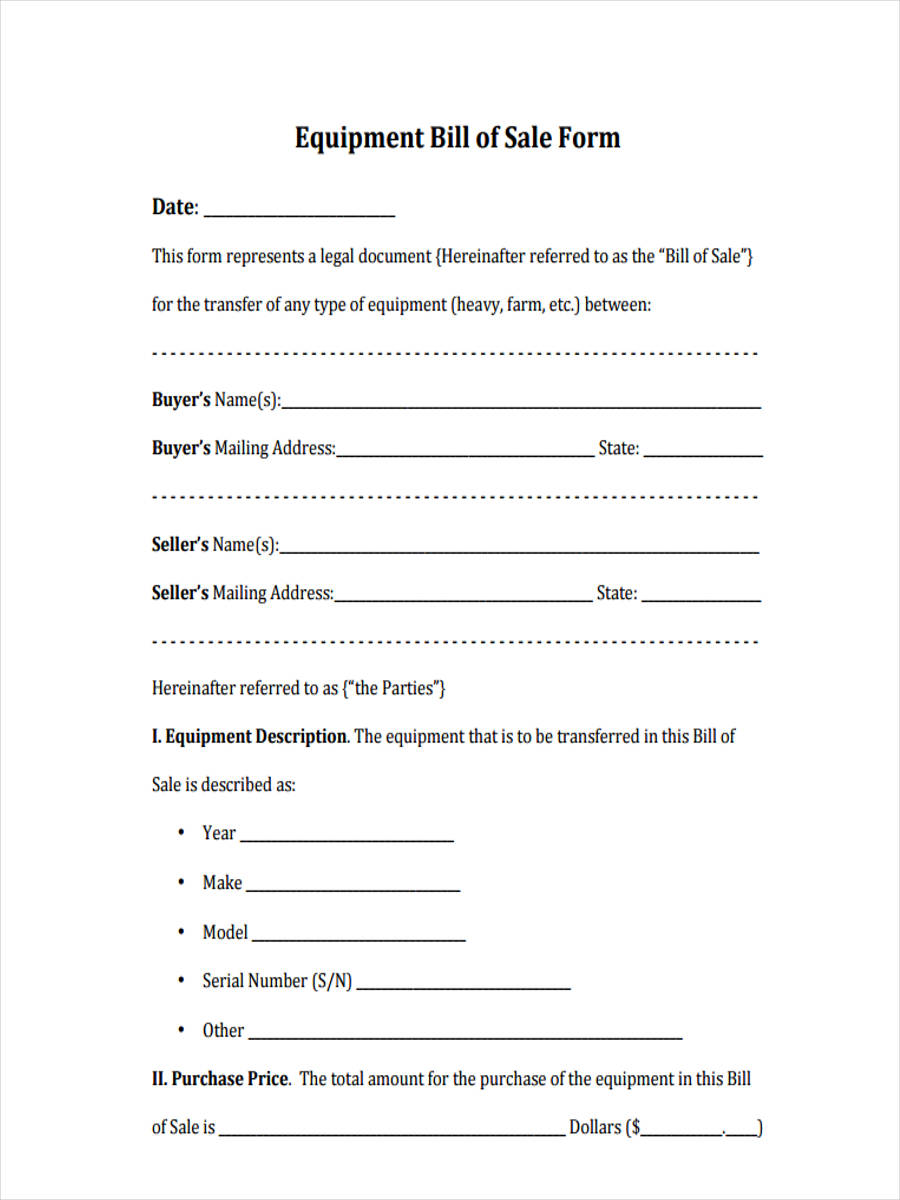 Printable Equipment Bill Of Sale Template Printable Word Searches