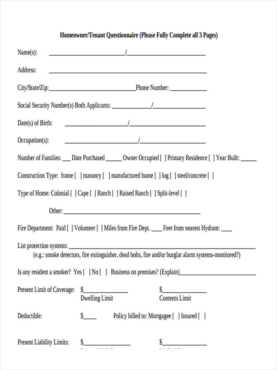 FREE 9+ Tenant Questionnaire Forms in PDF | Ms Word