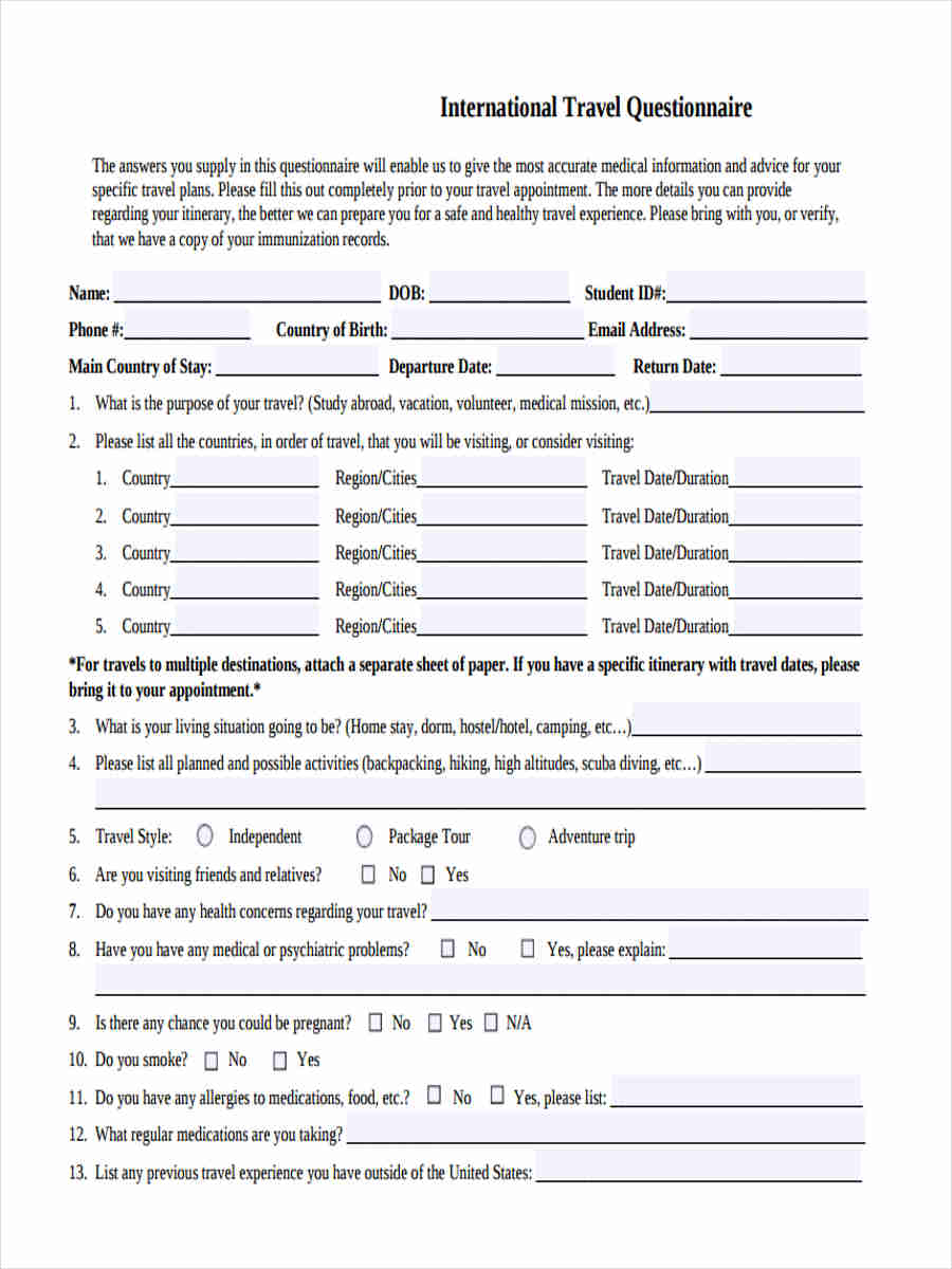 FREE 11+ Travel Questionnaire Forms in PDF | Excel | Ms Word