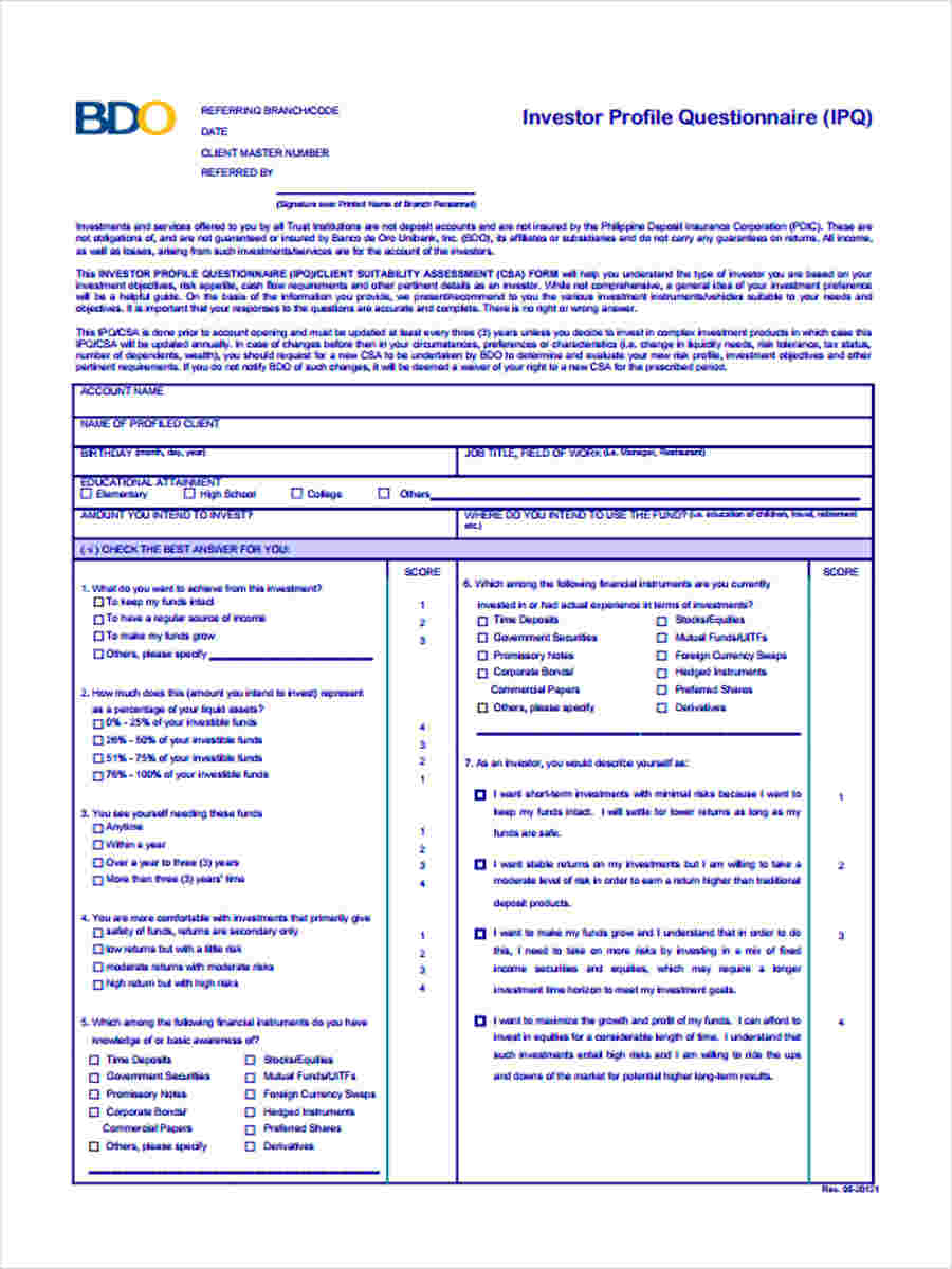 FREE 7+ Sample Investor Questionnaire Forms in MS Word | PDF