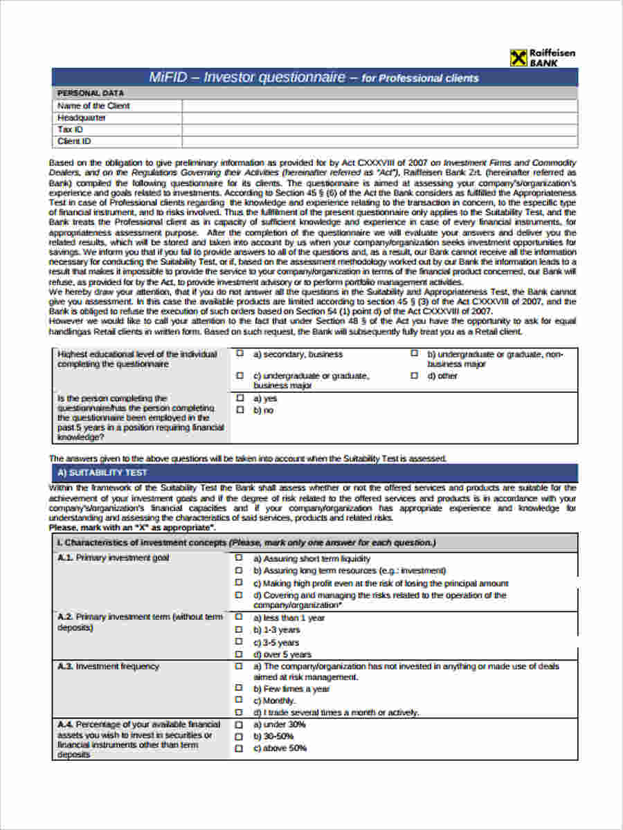 FREE 7+ Sample Investor Questionnaire Forms in MS Word | PDF