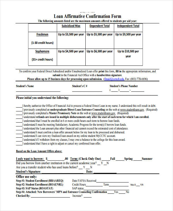 FREE 9+ Sample Loan Confirmation Forms in PDF
