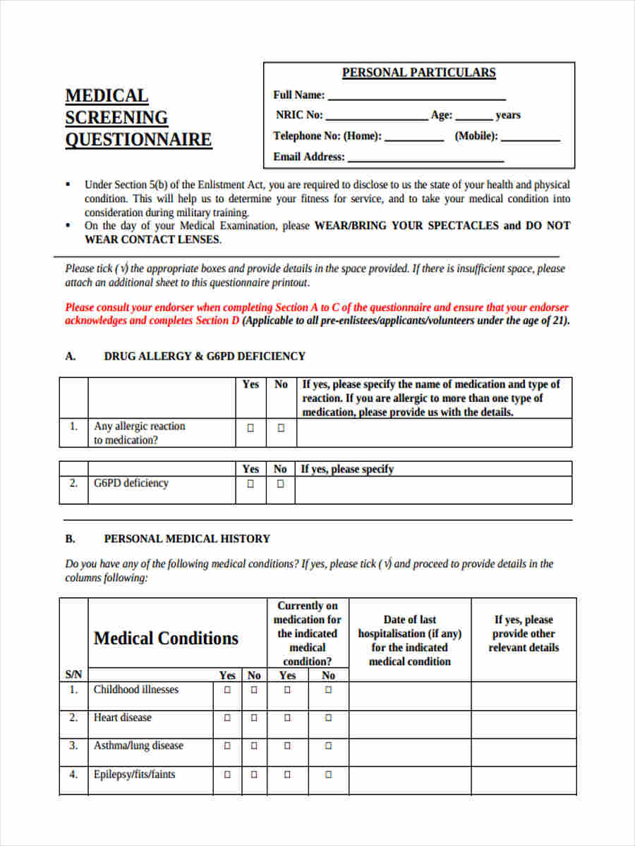 FREE 6+ Medical Questionnaire Forms in PDF | Ms Word
