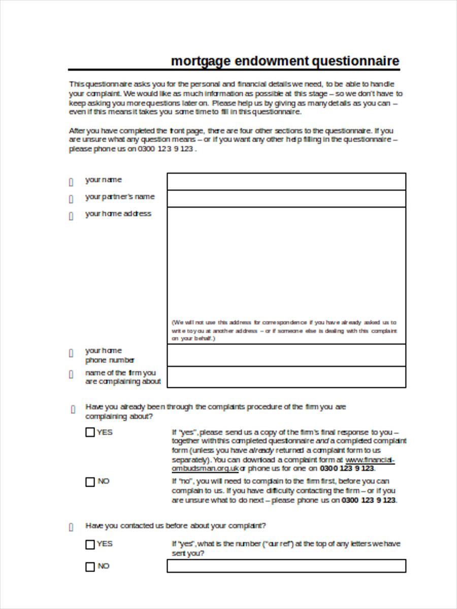 FREE 8+ Sample Mortgage Questionnaire Forms in MS Word | PDF