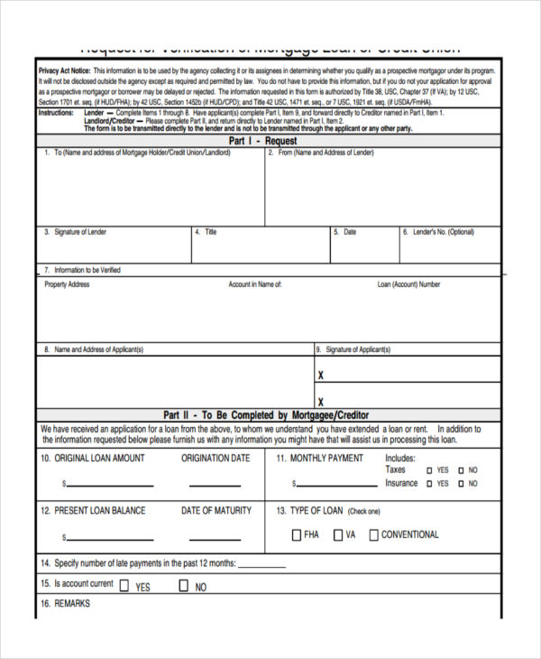 FREE 8+ Sample Mortgage Verification Forms in PDF | Ms Word