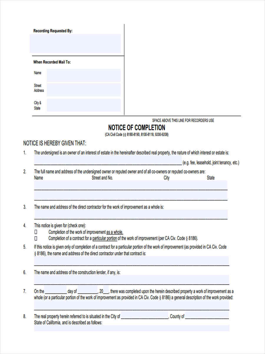 FREE 10+ Notice of Completion Form Samples, PDF, MS Word, Google Docs