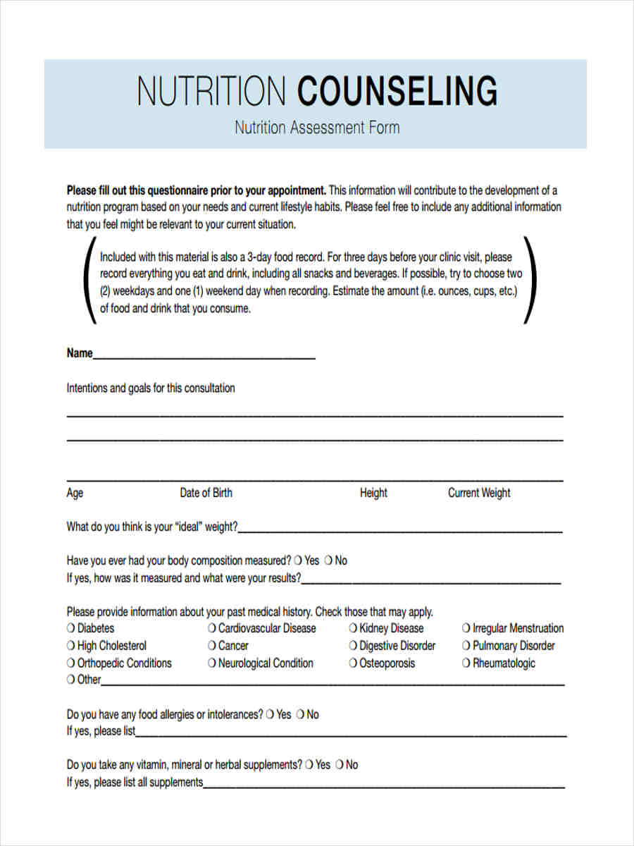 FREE 16+ Nutrition Assessment Form Samples, PDF, MS Word, Google Docs