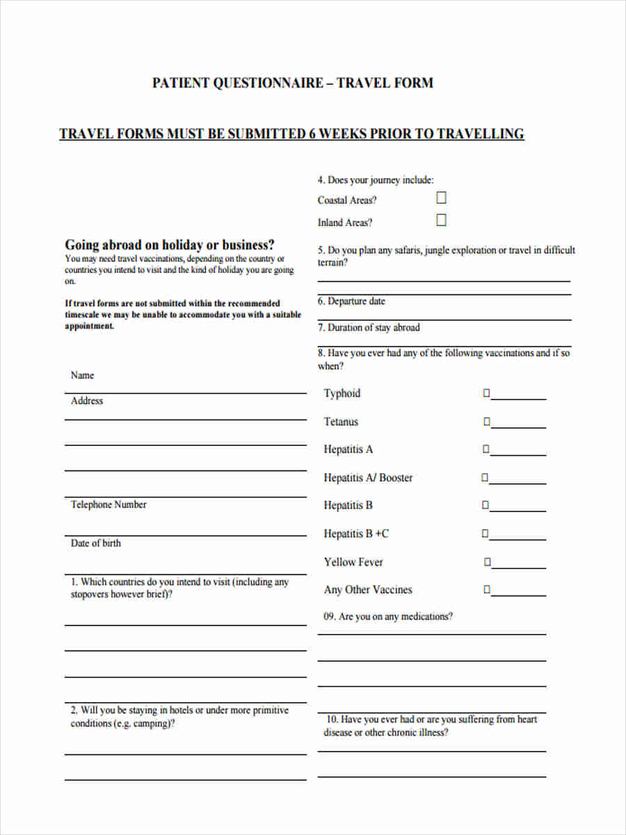 FREE 11+ Travel Questionnaire Forms in PDF | Excel | Ms Word