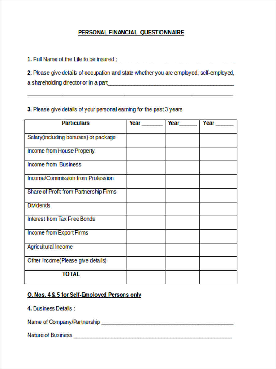 FREE 13+ Financial Questionnaire Form Samples, PDF, MS Word, Google Docs
