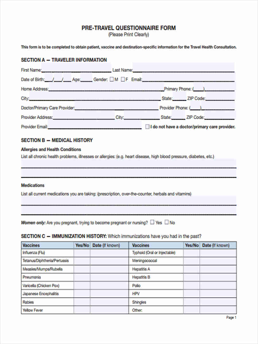 FREE 11+ Travel Questionnaire Forms in PDF | Excel | Ms Word