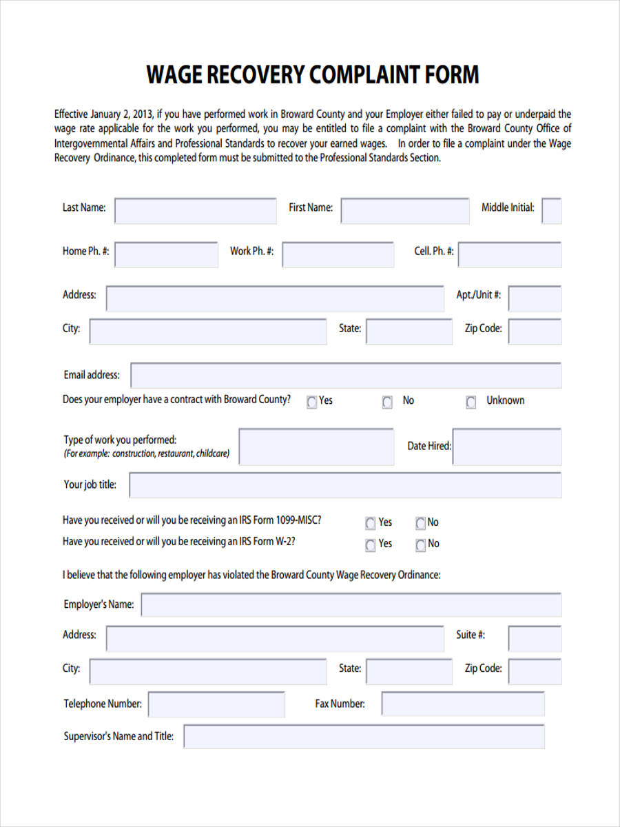 FREE 6+ Sample Wage Complaint Forms in PDF | Ms Word