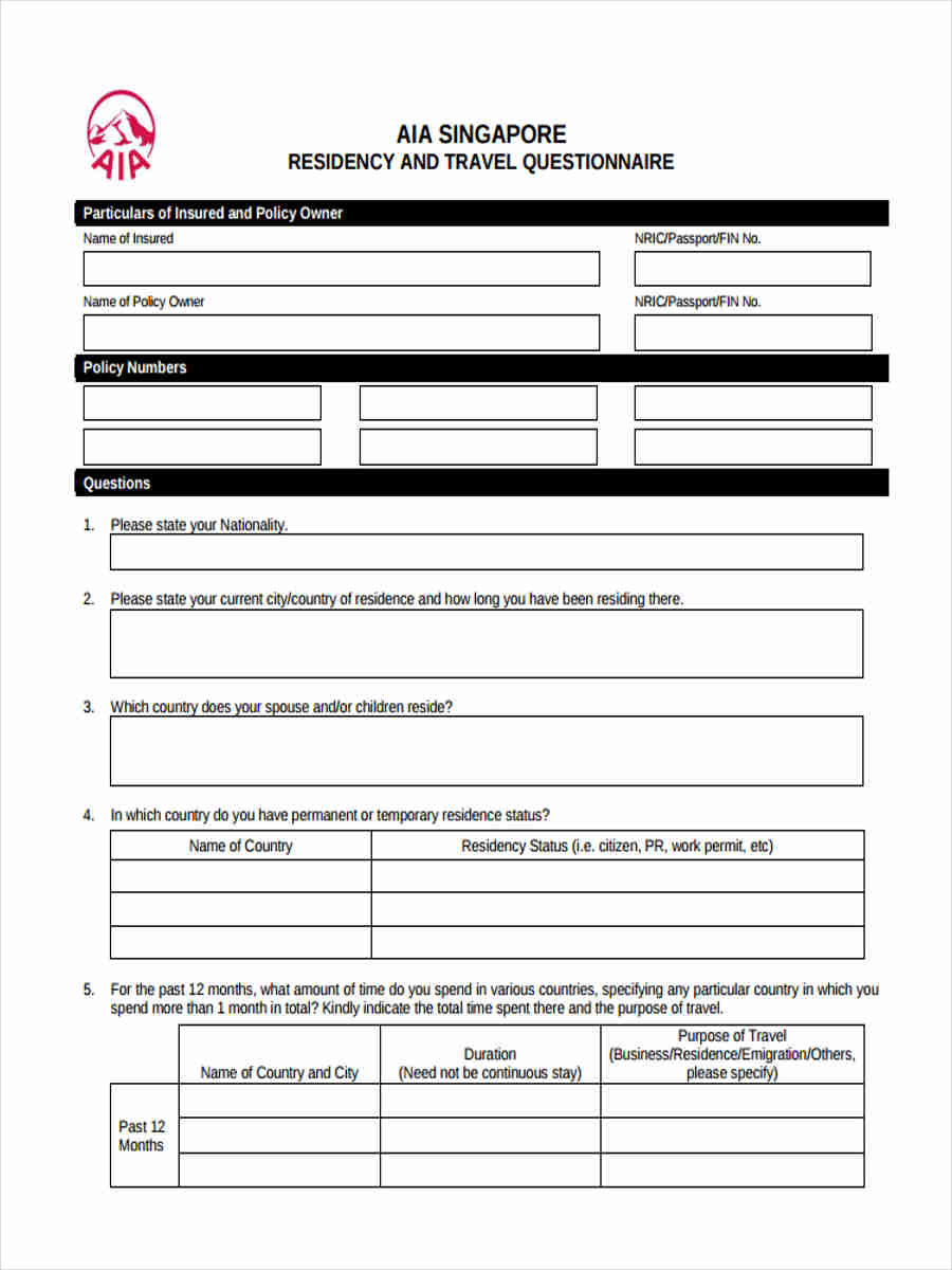 FREE 11+ Travel Questionnaire Forms in PDF | Excel | Ms Word