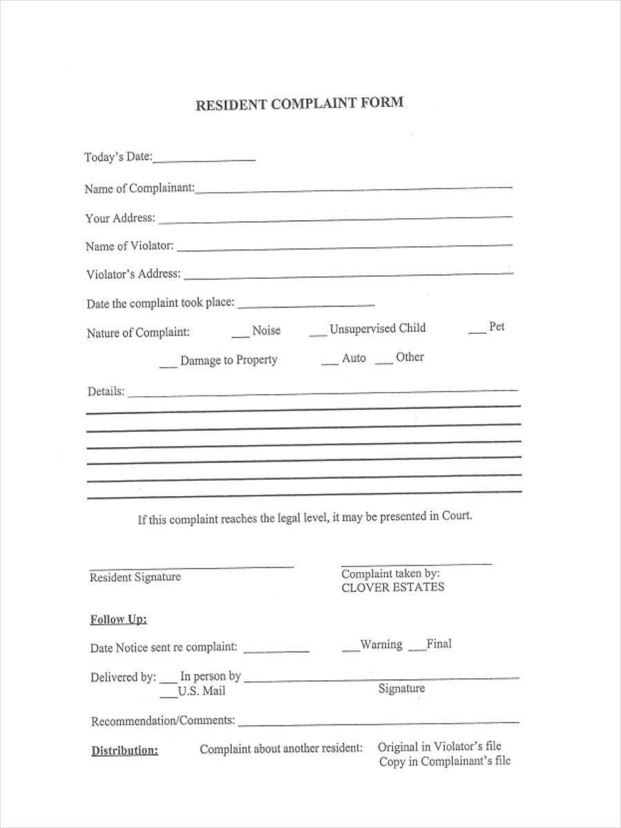 FREE 6+ Sample Resident Complaint Forms in MS Word | PDF