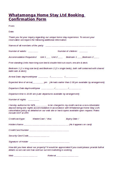 FREE 15+ Booking Confirmation Form Samples, PDF, MS Word, Google Docs