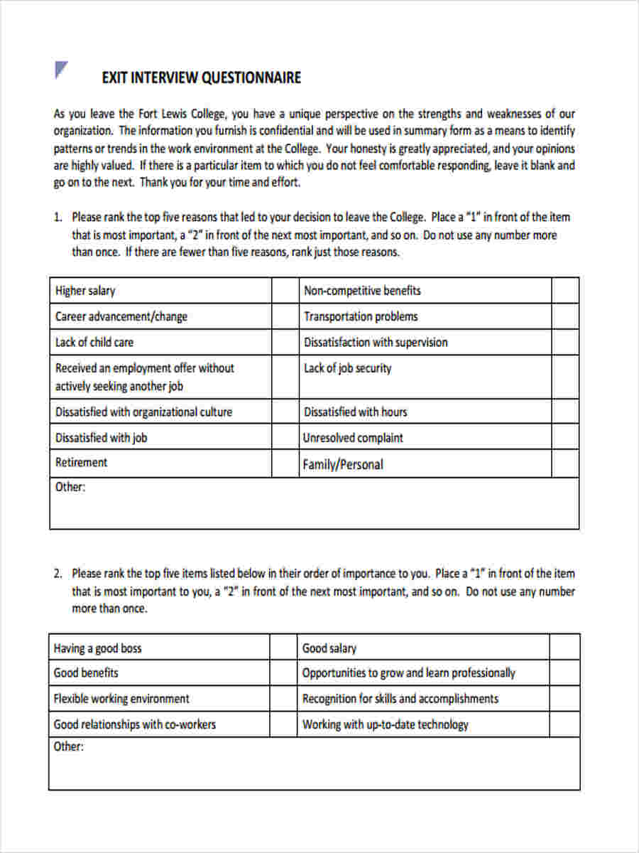 FREE 7 Exit Interview ionnaire Forms In PDF Ms Word
