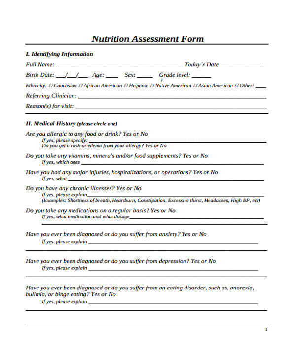 Nutrition Assessment Template Printable Pdf Download Images