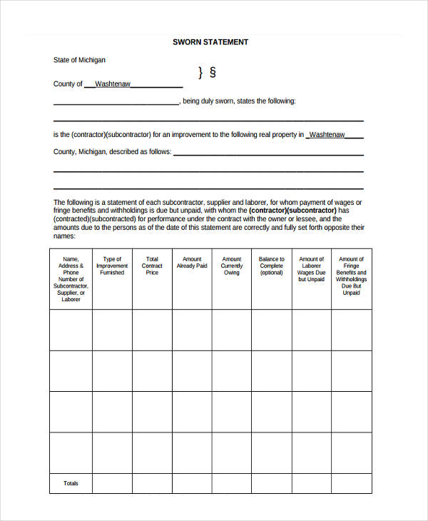 FREE 9+ Sworn Statement Forms in PDF | Ms Word | Excel
