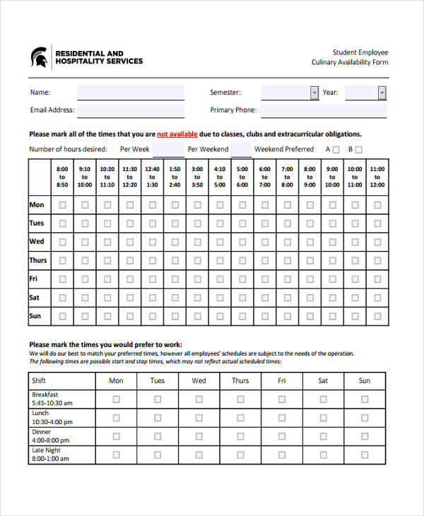 FREE 19+ Employee Availability Form Samples, PDF, MS Word, Google Docs