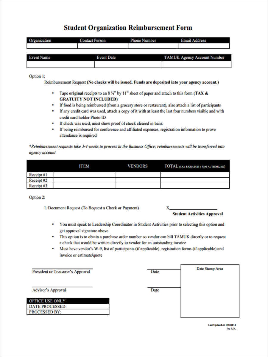 FREE 6+ Sample Student Reimbursement Forms in MS Word | PDF | Excel