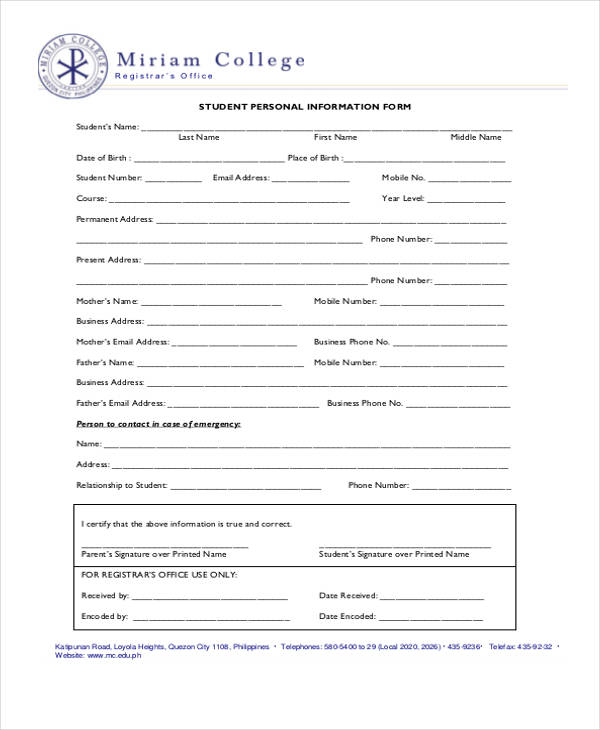 FREE 11 Student Information Forms In PDF Ms Word