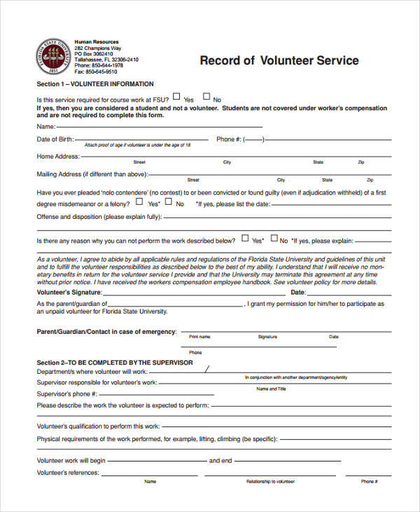 FREE 9+ Volunteer Service Forms in PDF | DOC