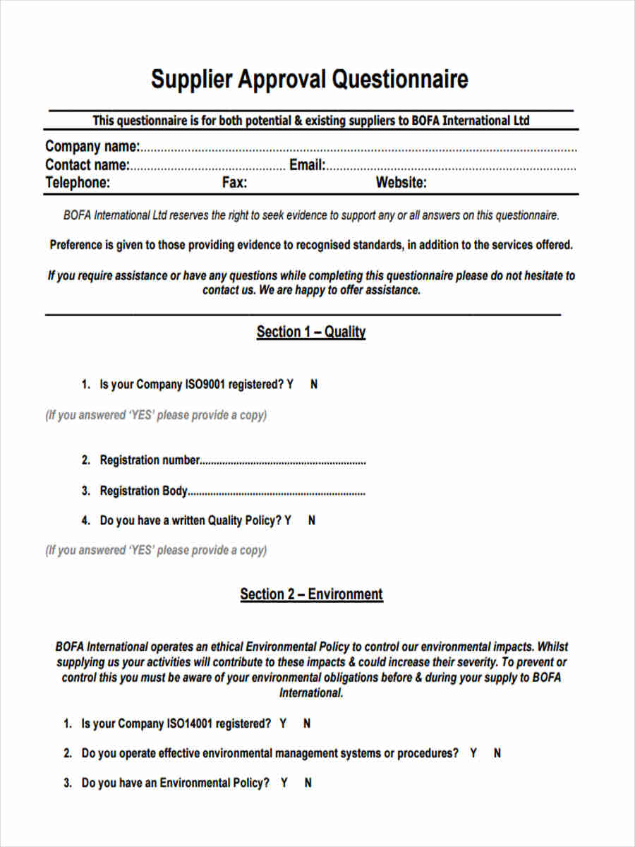 FREE 17+ Supplier Questionnaire Form Samples, PDF, MS Word, Google Docs ...