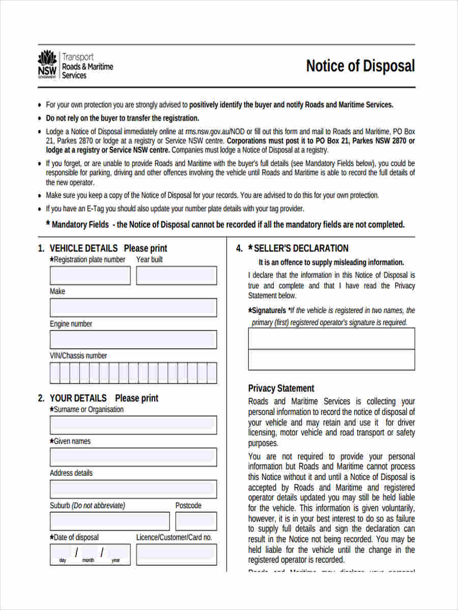 FREE 5+ Notice of Disposal Forms in MS Word | PDF